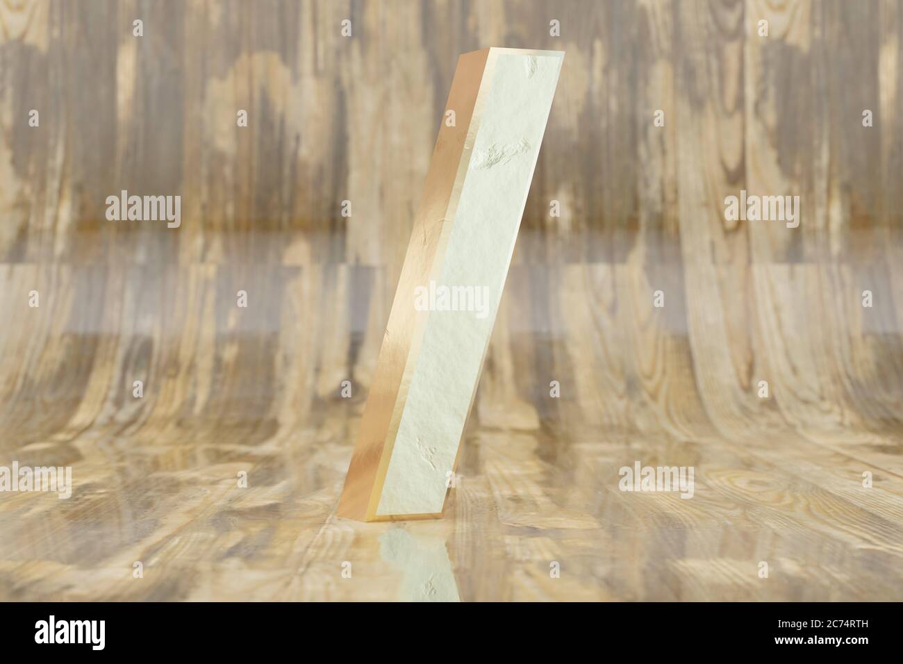 Gold 3d forward slash symbol. Golden sign on glossy wet wooden ...