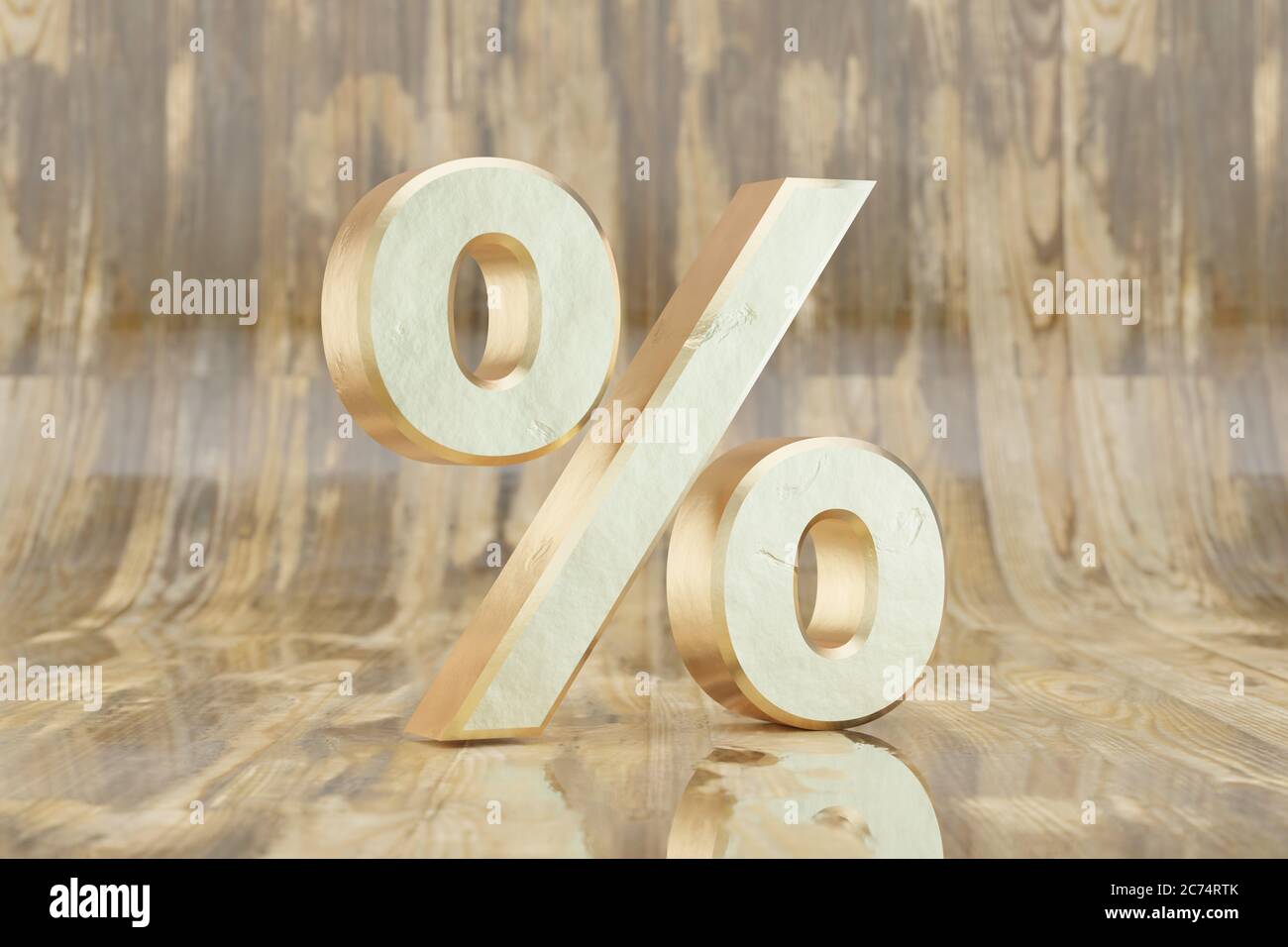 Gold 3d percent symbol. Golden sign on glossy wet wooden background ...