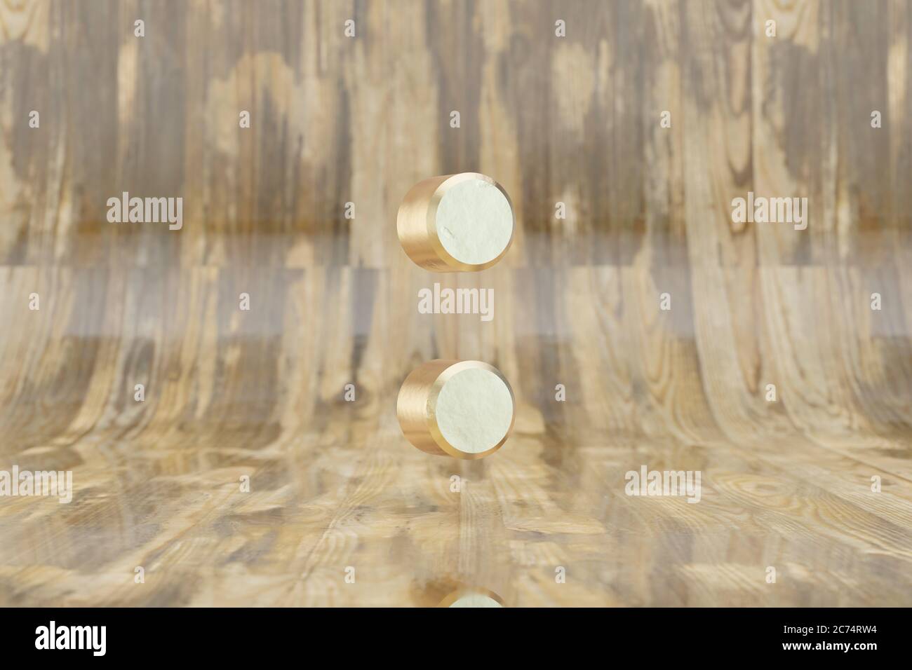 Gold 3d colon symbol. Golden sign on glossy wet wooden background ...