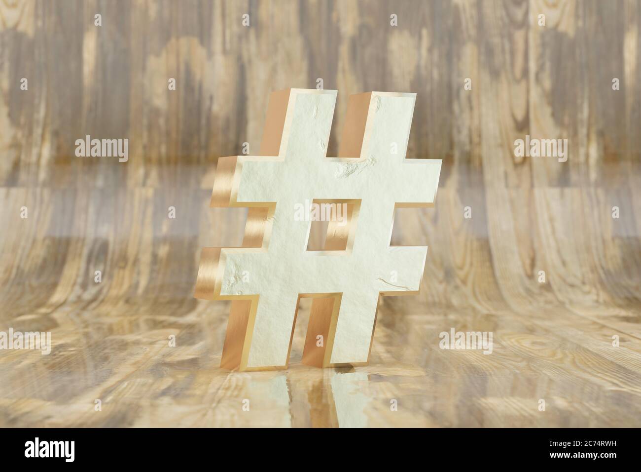 Gold 3d hashtag symbol. Golden sign on glossy wet wooden background ...