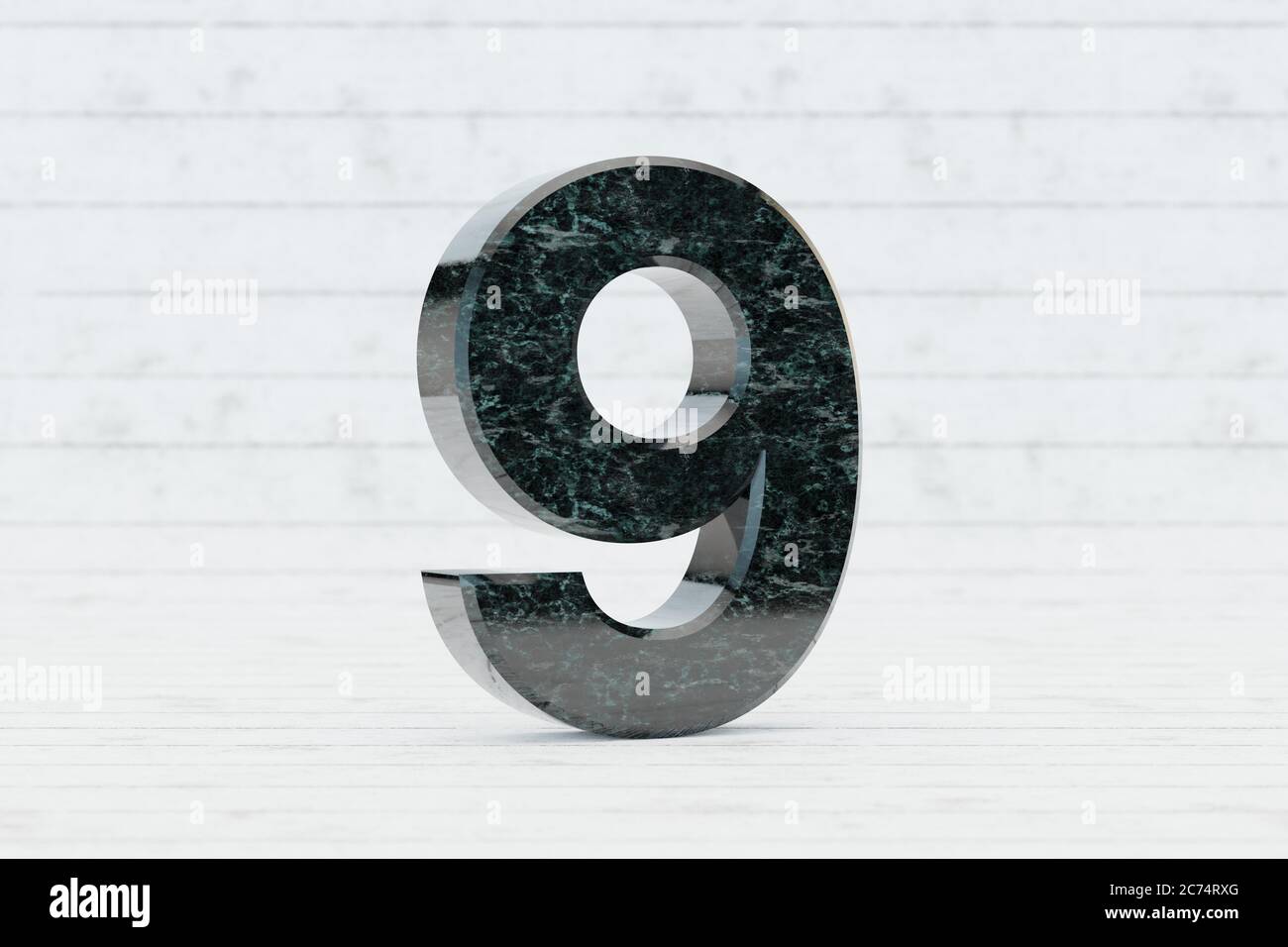 Marble 3d number 9. Dark green marble number on white wood background ...