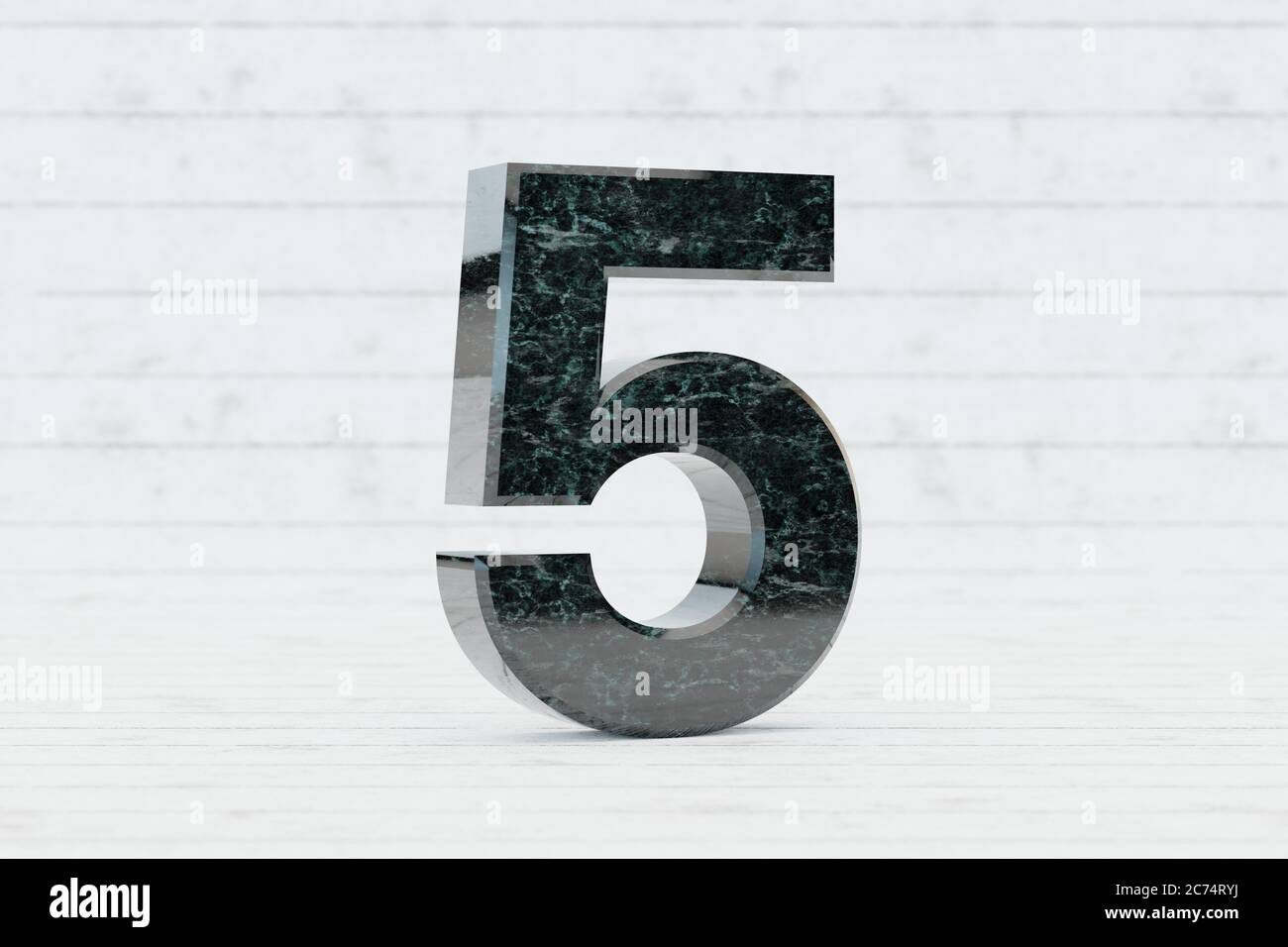 Marble 3d number 5. Dark green marble number on white wood background ...