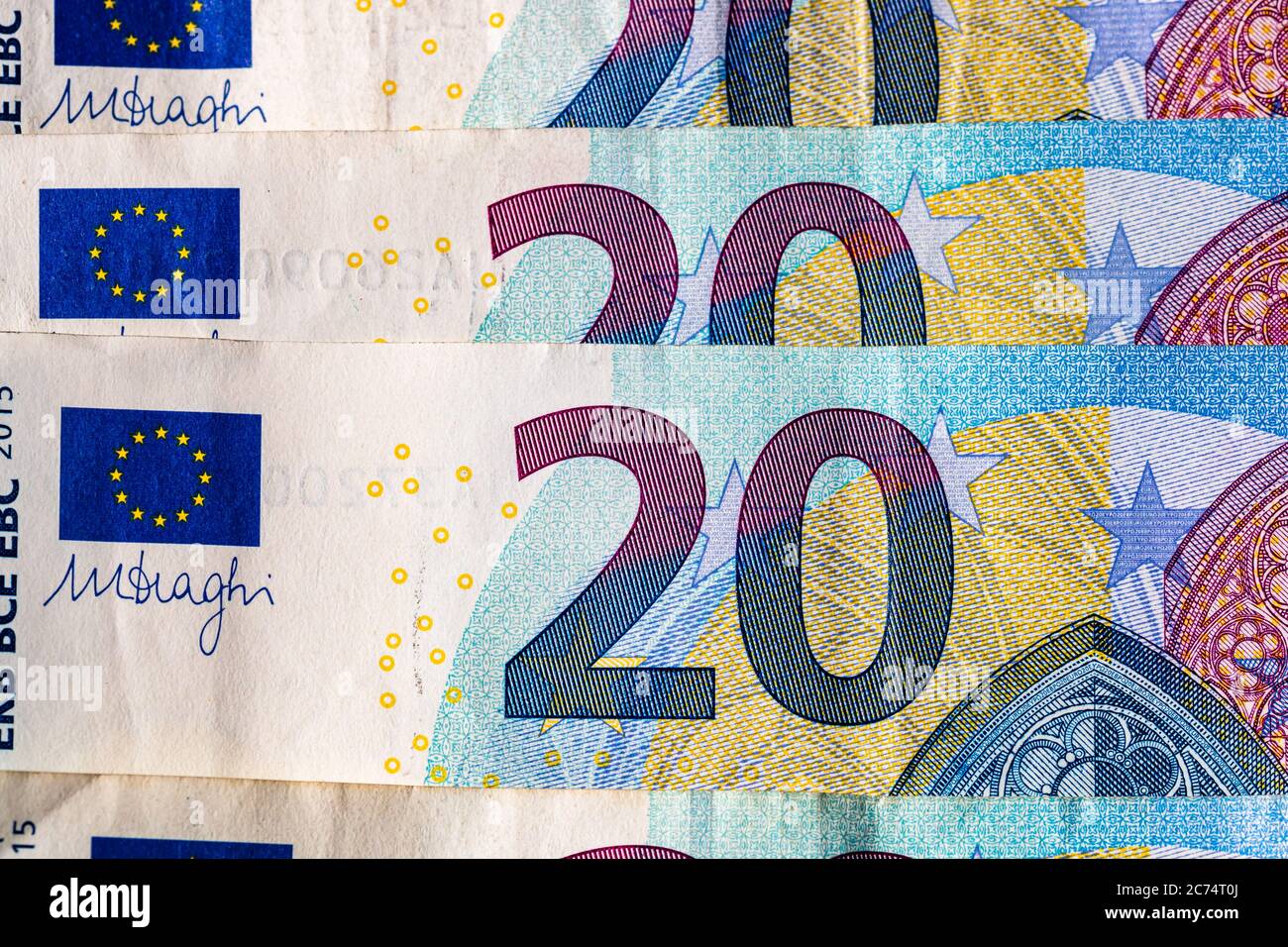 Selective focus on detail of euro banknotes. Close up macro detail of ...