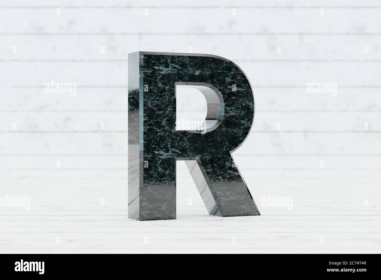 Marble 3d letter R uppercase. Dark green marble letter on white wood ...