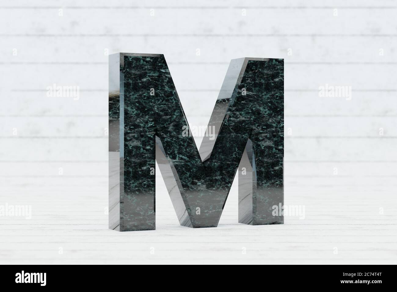 Marble 3d letter M uppercase. Dark green marble letter on white wood ...