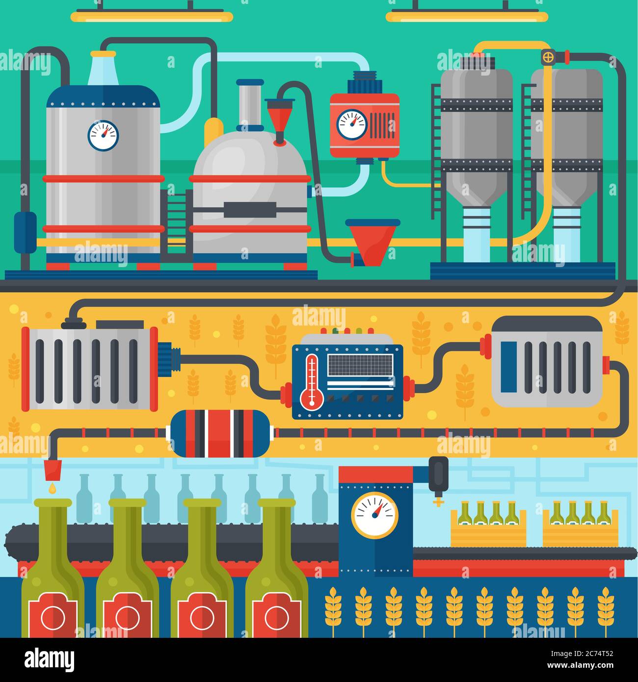 Beer Brewery production process. Factory beer background. Flat design ...