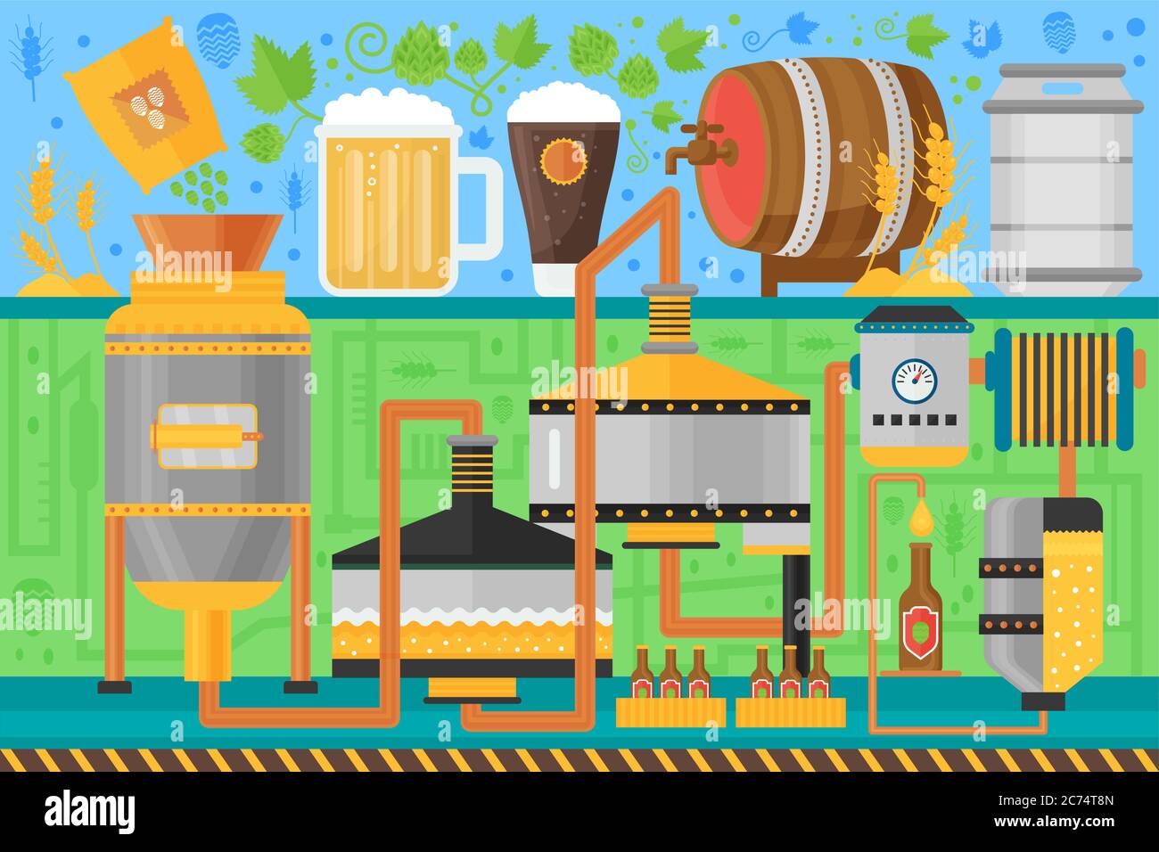 Beer Brewery production process. Factory beer background. Flat design ...