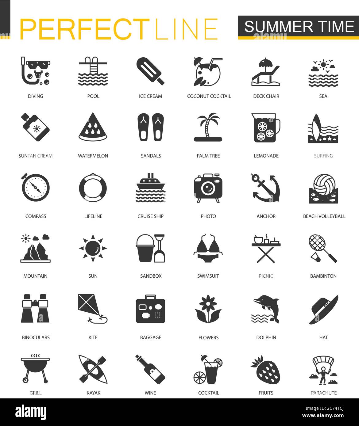Black classic summer time, vacation activity icons set isolated Stock ...