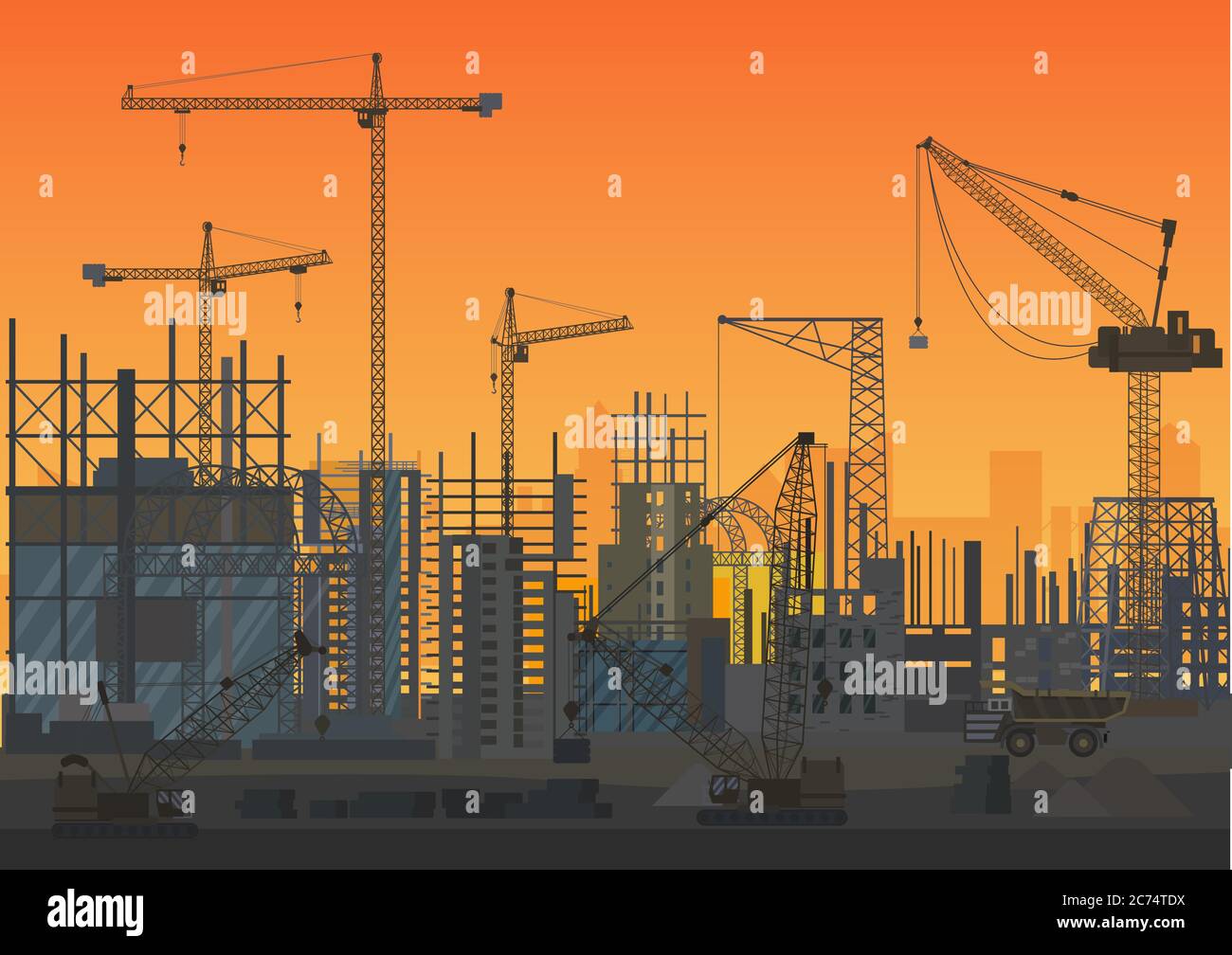 Construction Skyline under construction sunset silhouette. Web Site ...