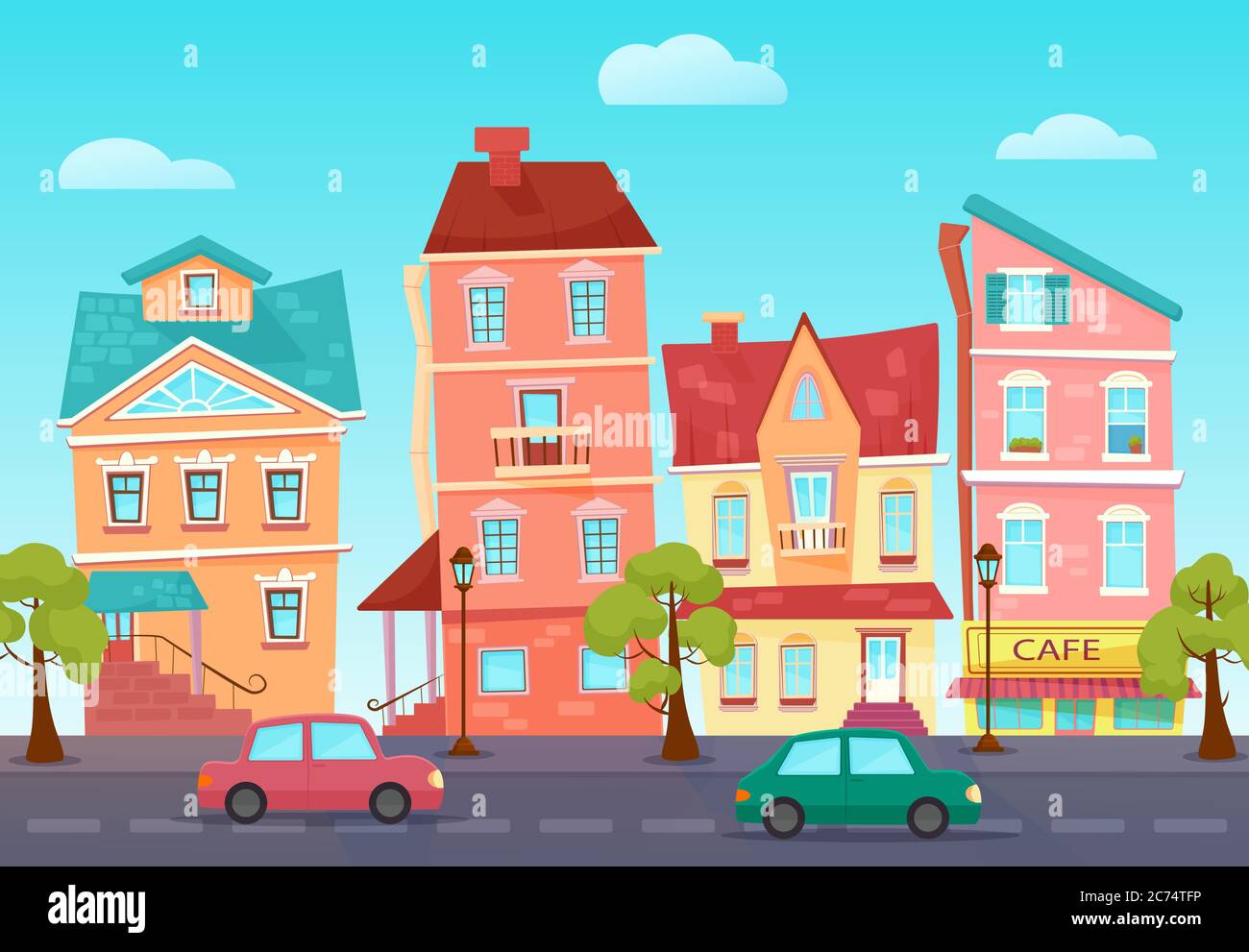 Vector cartoon cute street of a colorful city with shops Stock Vector ...