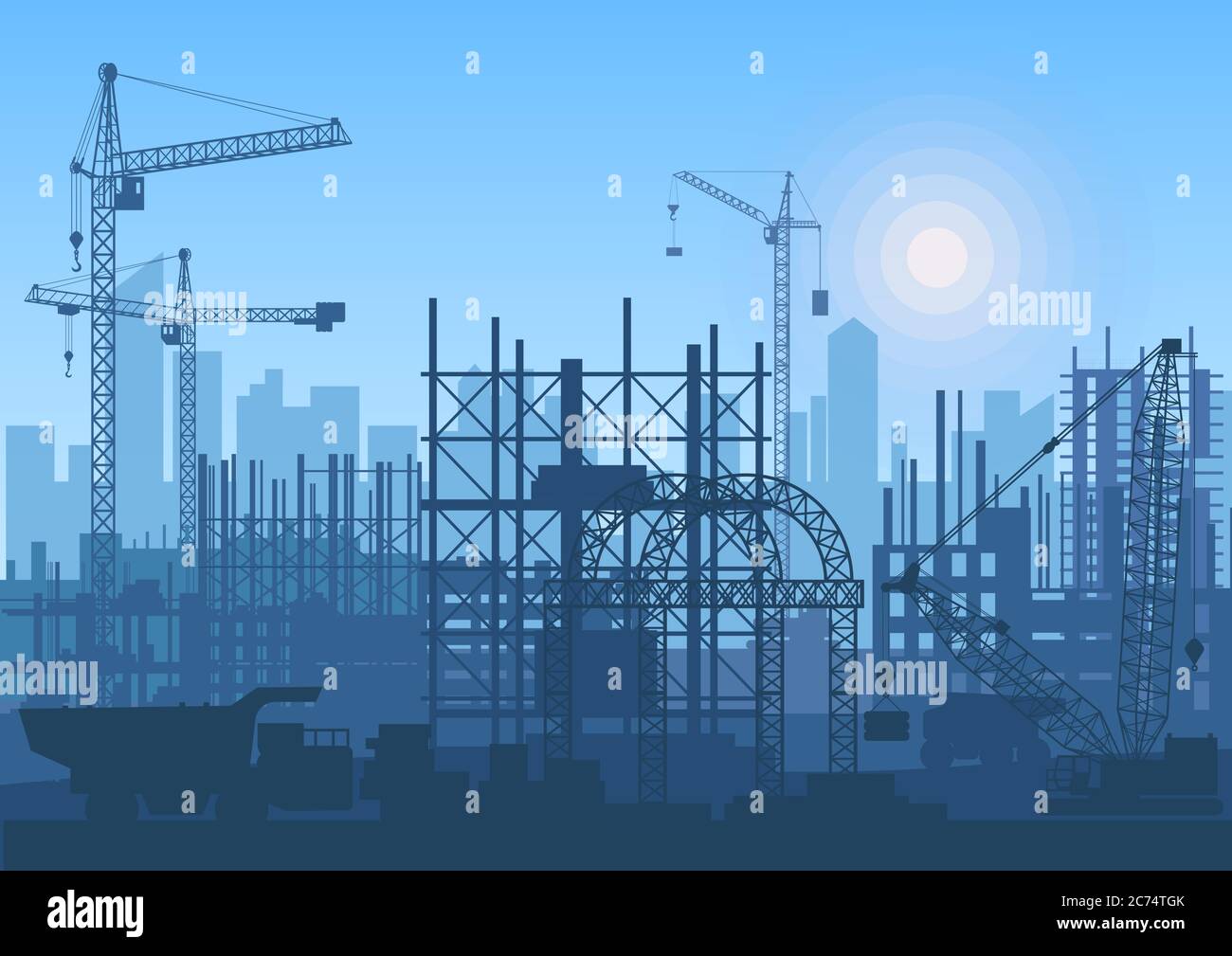 Tower cranes on construction site. Buildings under construction Stock ...
