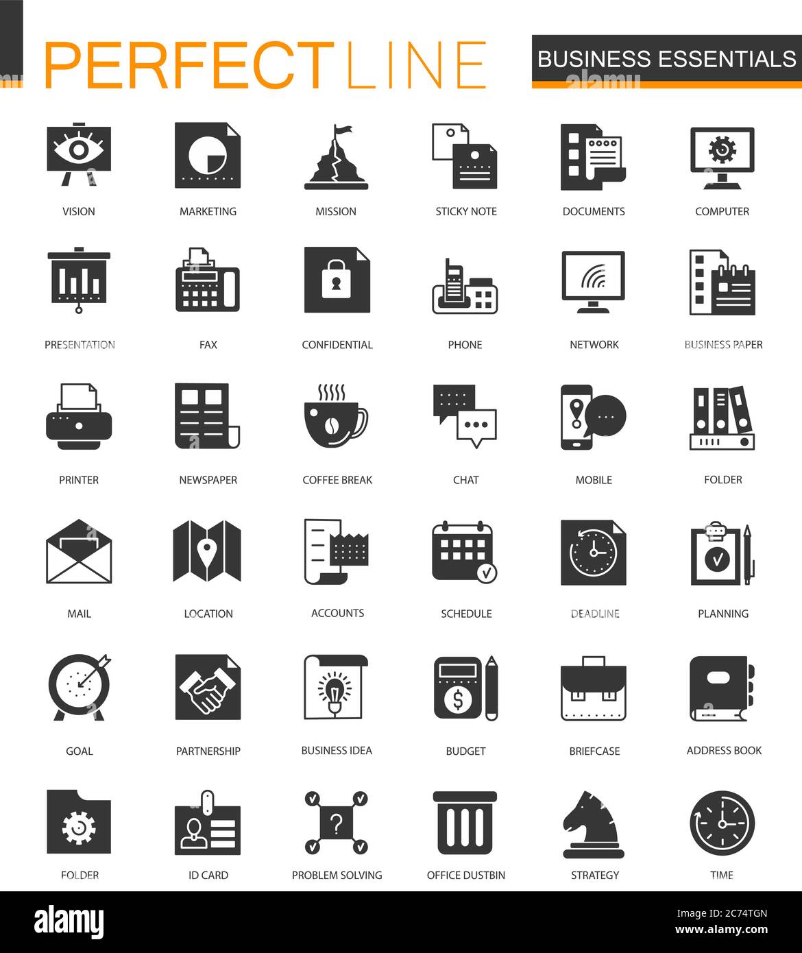 Black classic Business Essential icons set isolated Stock Vector Image ...
