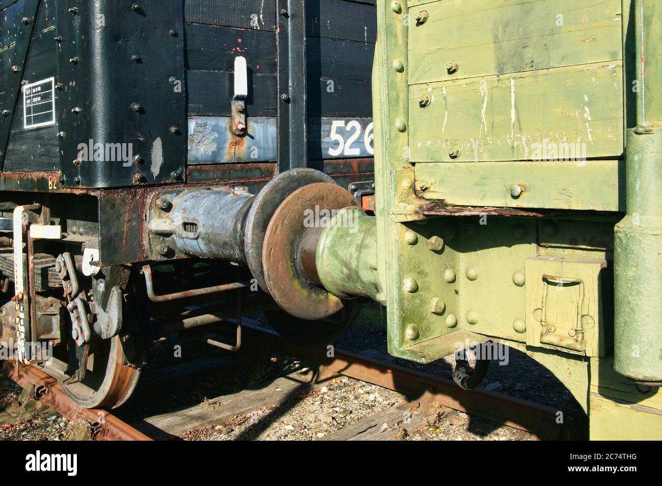 Old fashioned rusty railway freight train coupling buffers stock photo ...