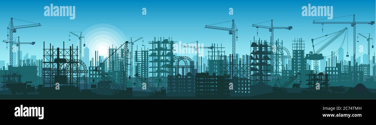 Wide High detailed banner illustration silhouette of buildings under ...