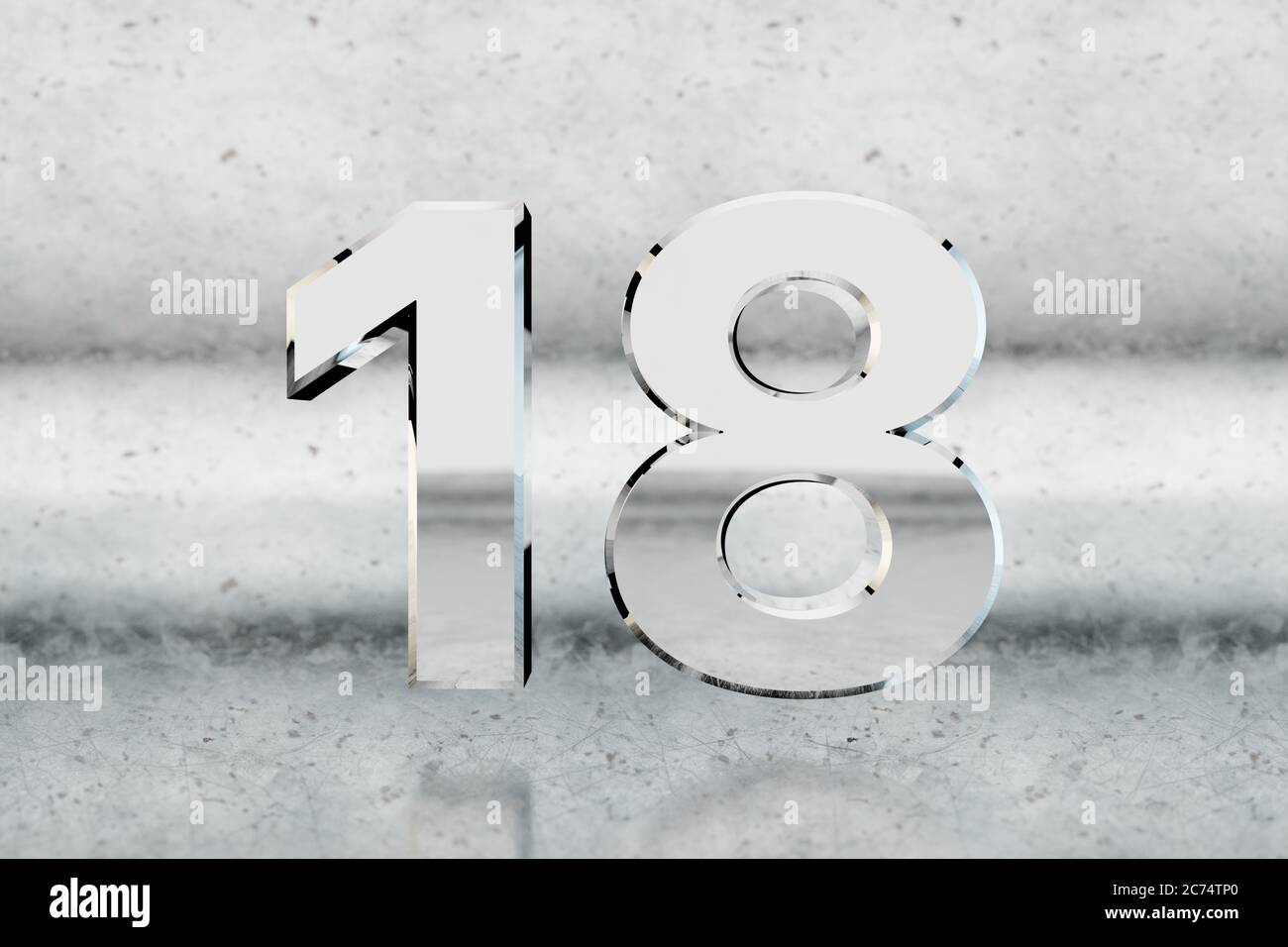 Chrome 3d number 18. Glossy chrome number on scratched metal background ...