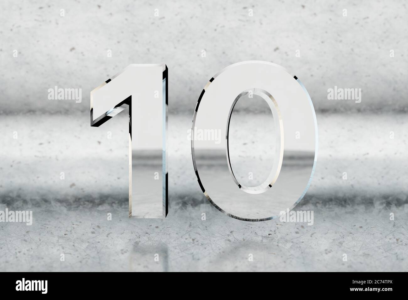 Chrome 3d number 10. Glossy chrome number on scratched metal background ...