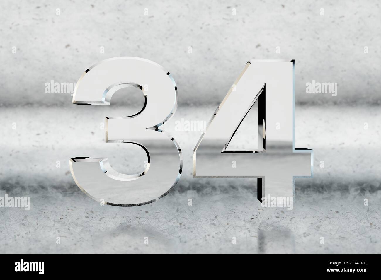 Chrome 3d number 34. Glossy chrome number on scratched metal background ...