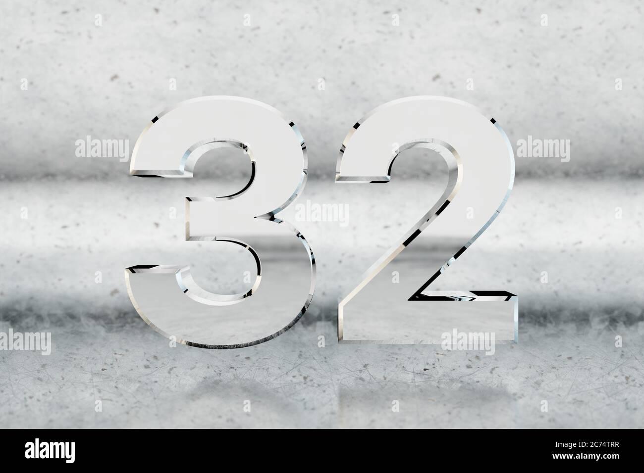 Chrome 3d number 32. Glossy chrome number on scratched metal background ...
