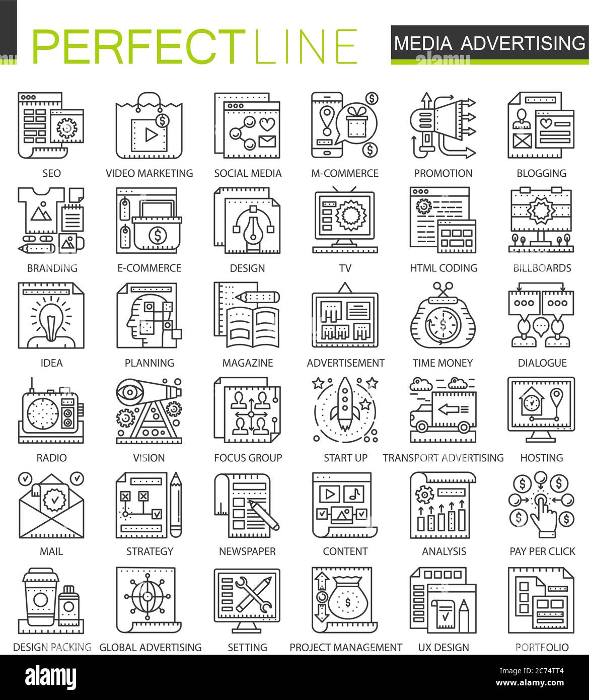 Media advertising outline mini concept symbols. Marketing advertisement ...