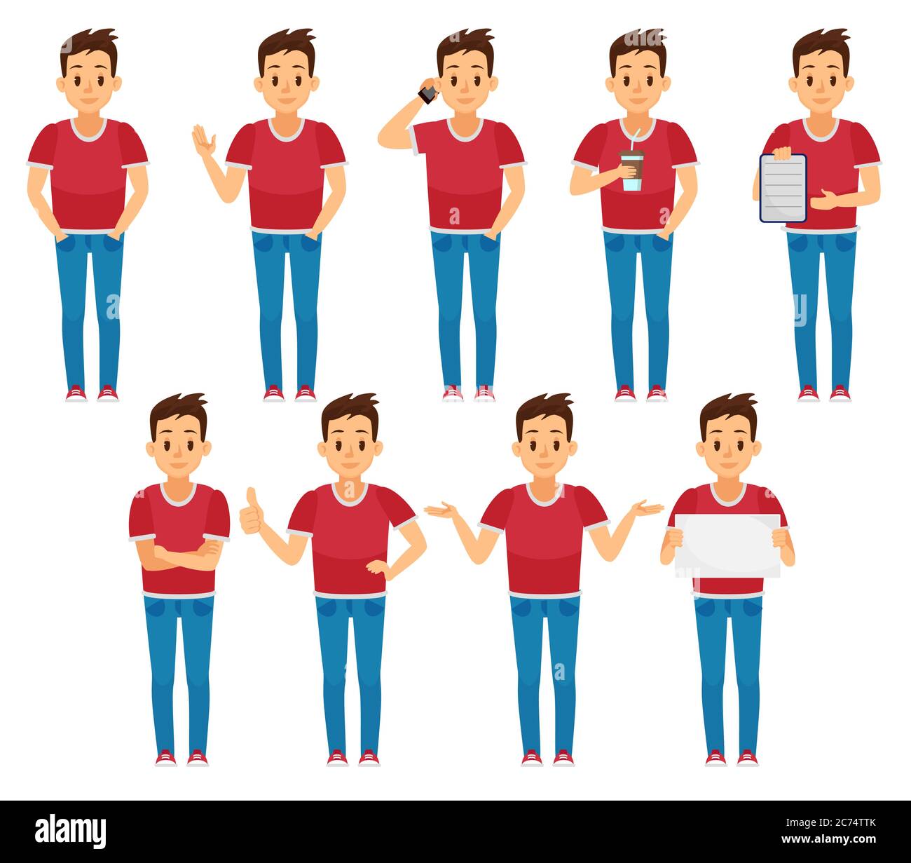 Young man character set in various poses isolated. Male vector ...