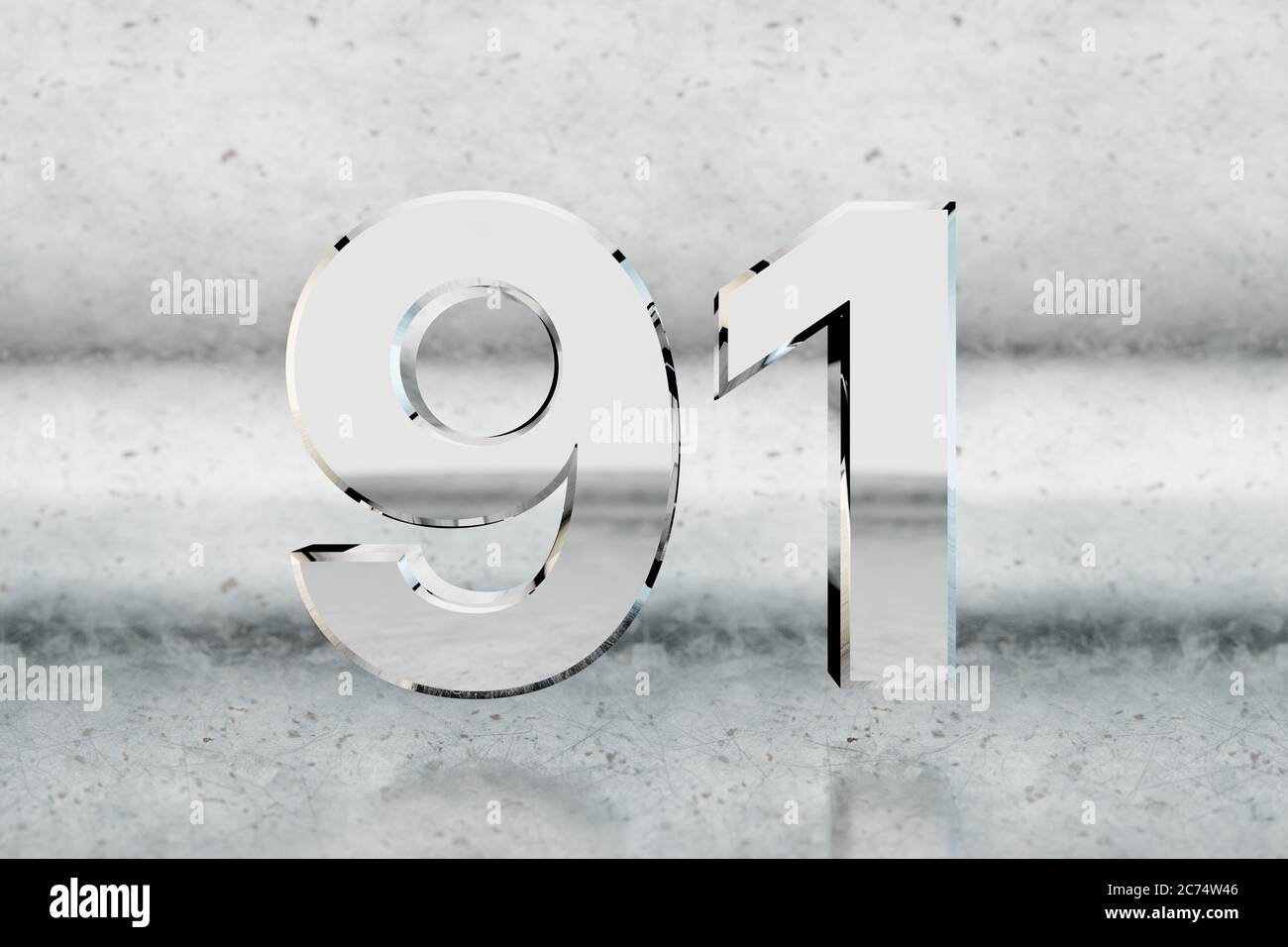 Chrome 3d number 91. Glossy chrome number on scratched metal background ...