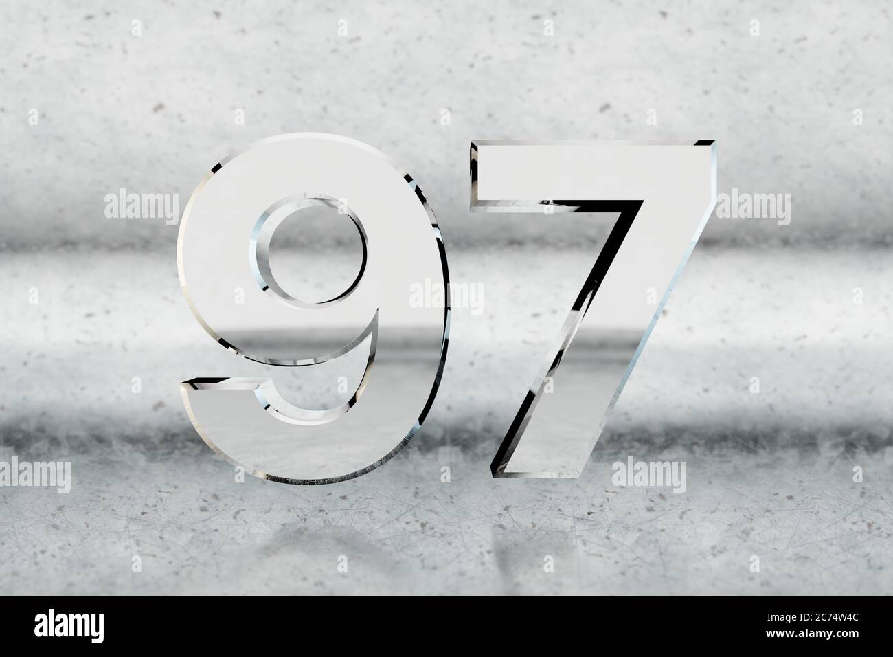 Chrome 3d number 97. Glossy chrome number on scratched metal background ...