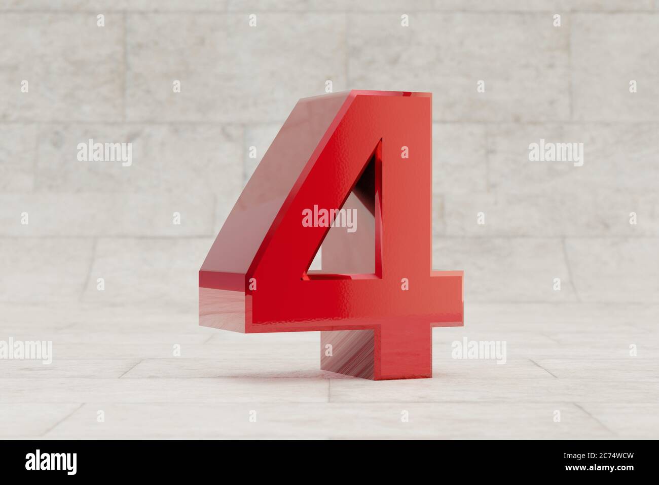 Red 3d number 4. Glossy red metallic number on stone tile background ...