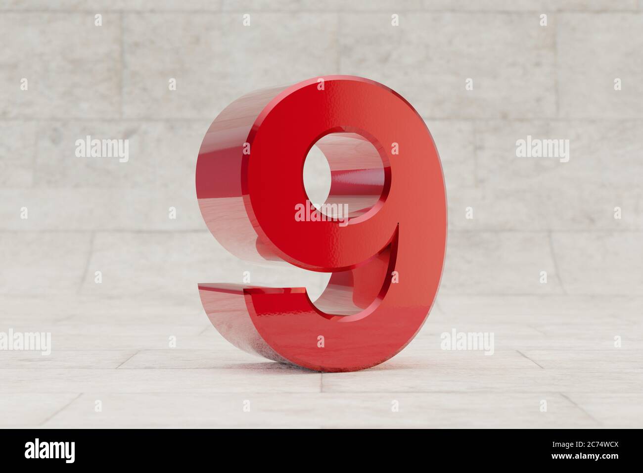 Red 3d number 9. Glossy red metallic number on stone tile background ...