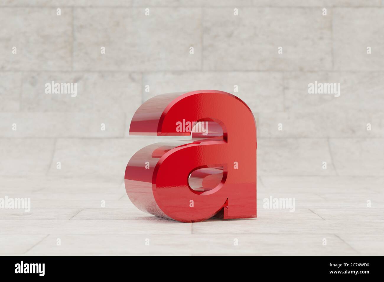 Red 3d letter A lowercase. Glossy red metallic letter on stone tile ...