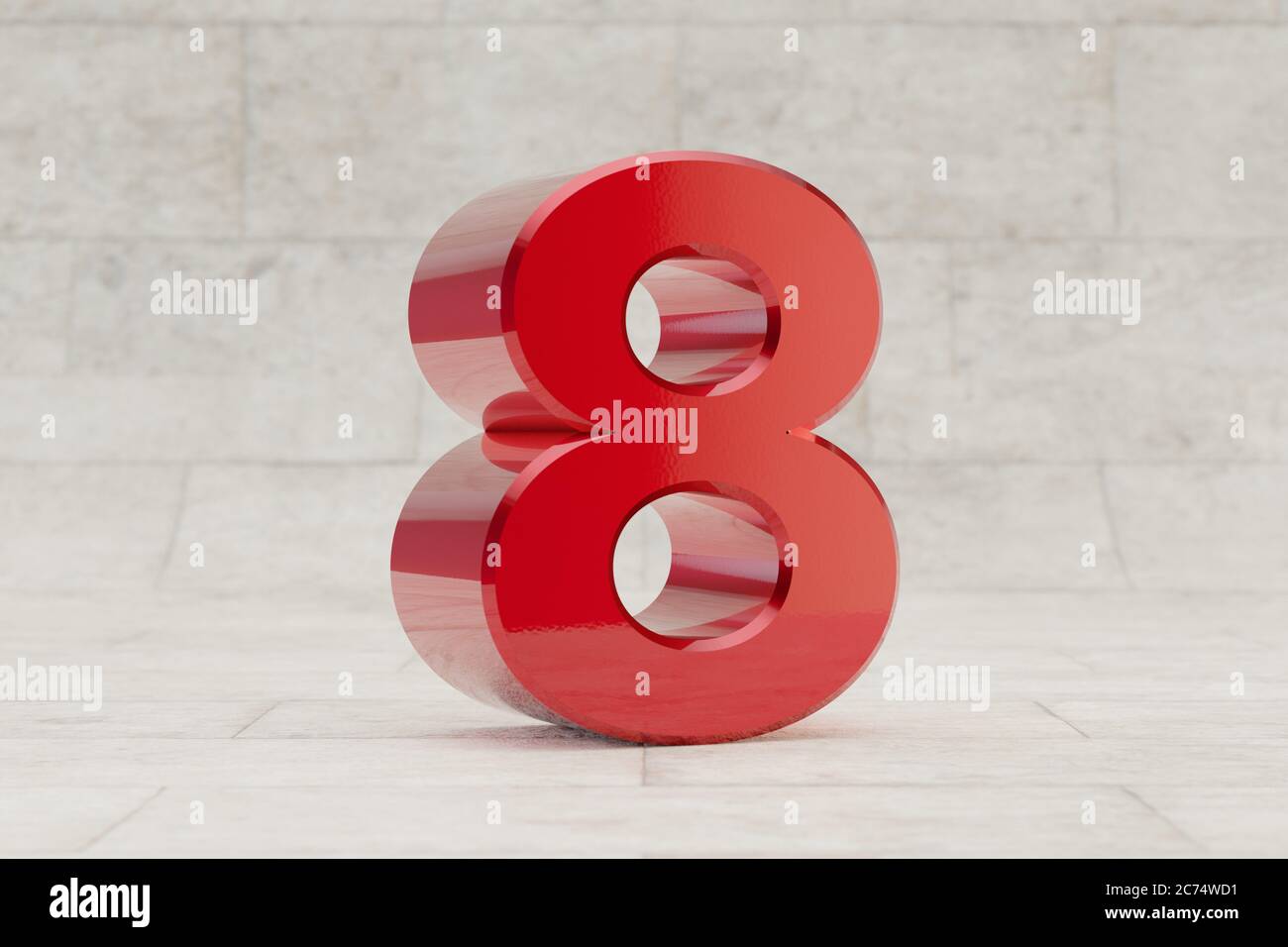 Red 3d number 8. Glossy red metallic number on stone tile background ...