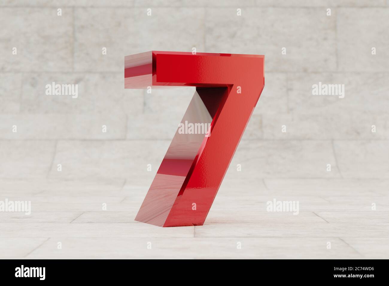 Red 3d number 7. Glossy red metallic number on stone tile background ...
