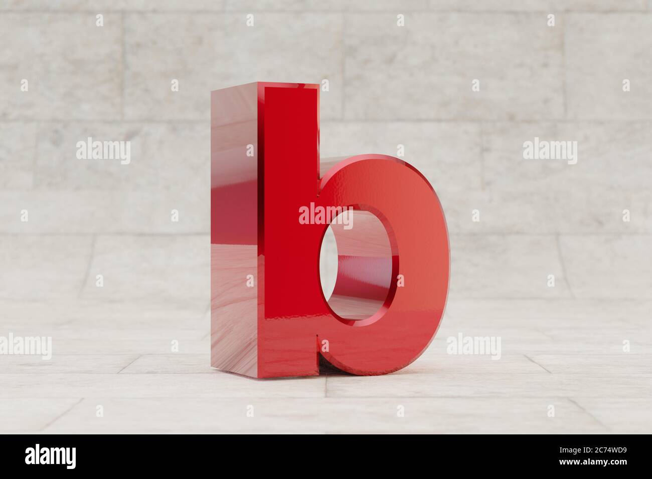 Red 3d letter B lowercase. Glossy red metallic letter on stone tile ...