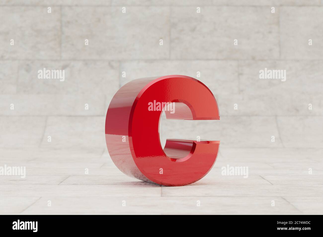 Red 3d letter C lowercase. Glossy red metallic letter on stone tile ...