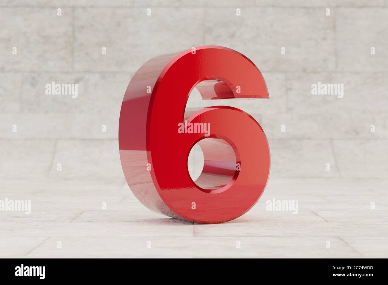 Red 3d number 6. Glossy red metallic number on stone tile background ...