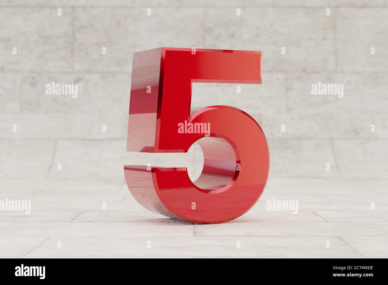 Red 3d number 5. Glossy red metallic number on stone tile background ...