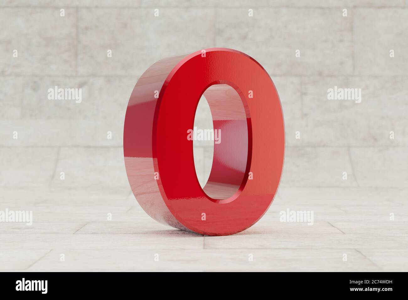 Red 3d number 0. Glossy red metallic number on stone tile background ...