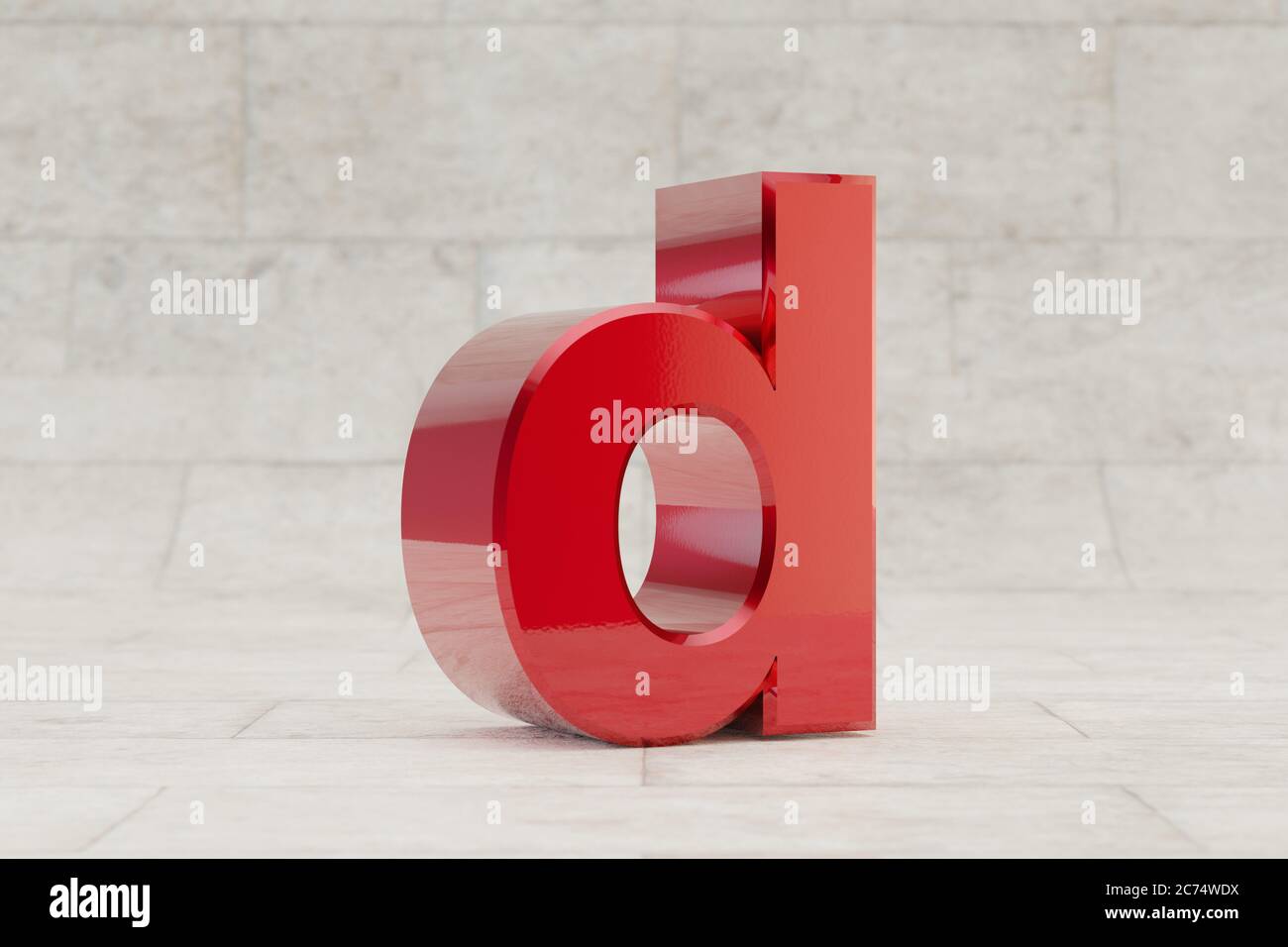 Red 3d letter D lowercase. Glossy red metallic letter on stone tile ...