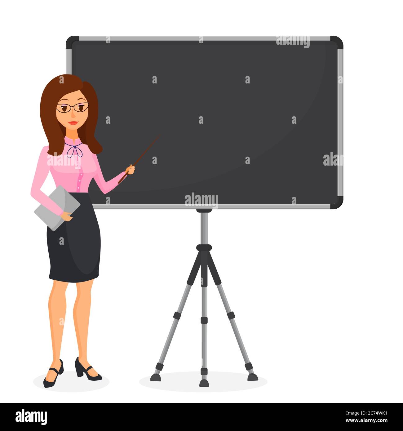 Cute young business woman pointing at empty flip chart. Female ... Cute young business woman pointing at empty flip chart. Female ...