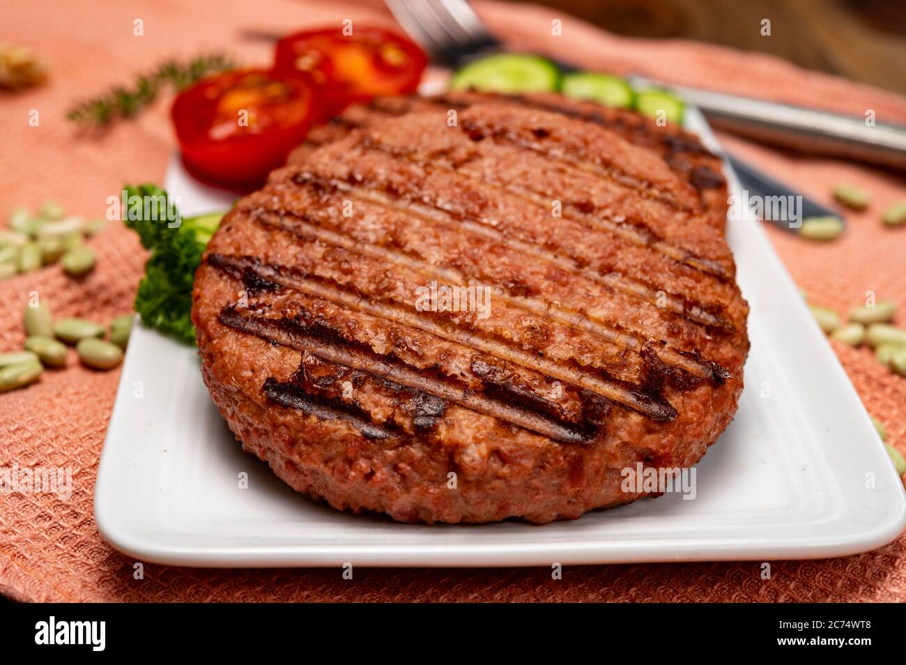 Source of fibre plant based vegan soya protein grilled burgers, meat ...