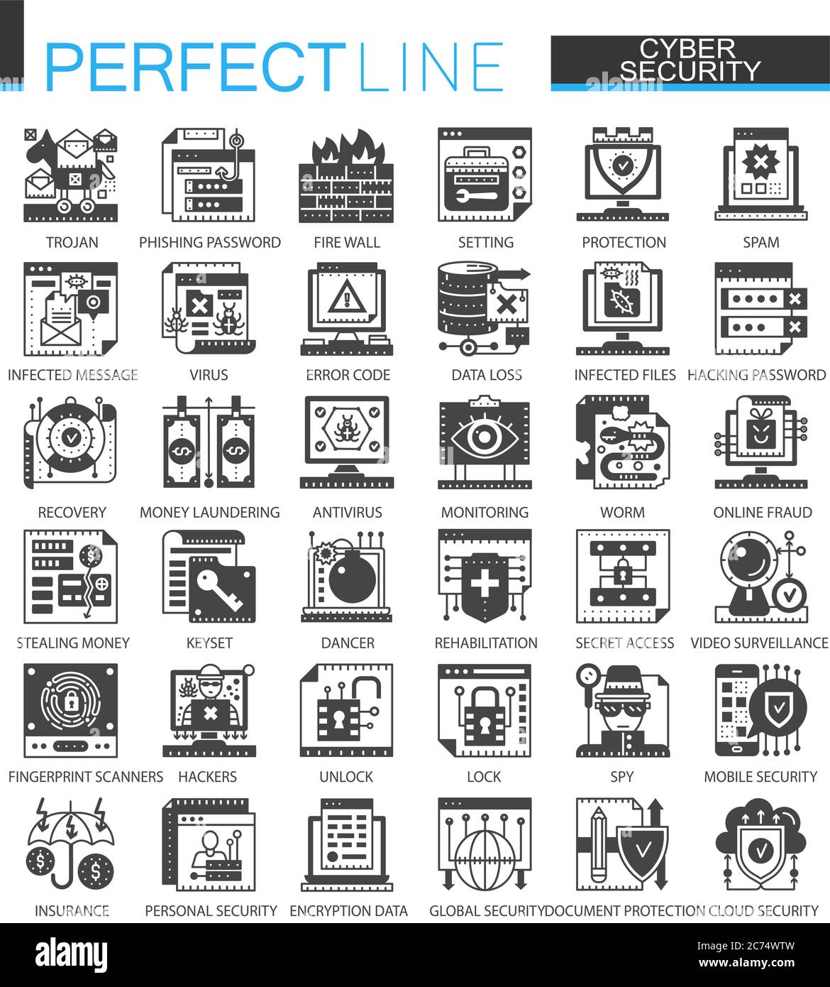 Cyber security classic black mini concept symbols. Network protection ...