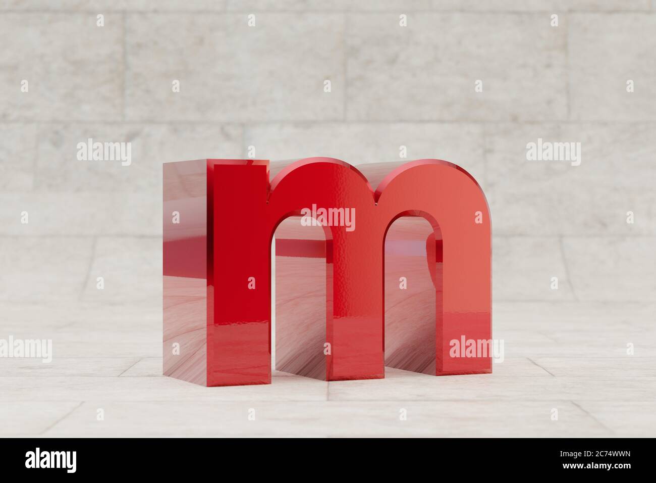 Red 3d letter M lowercase. Glossy red metallic letter on stone tile ...