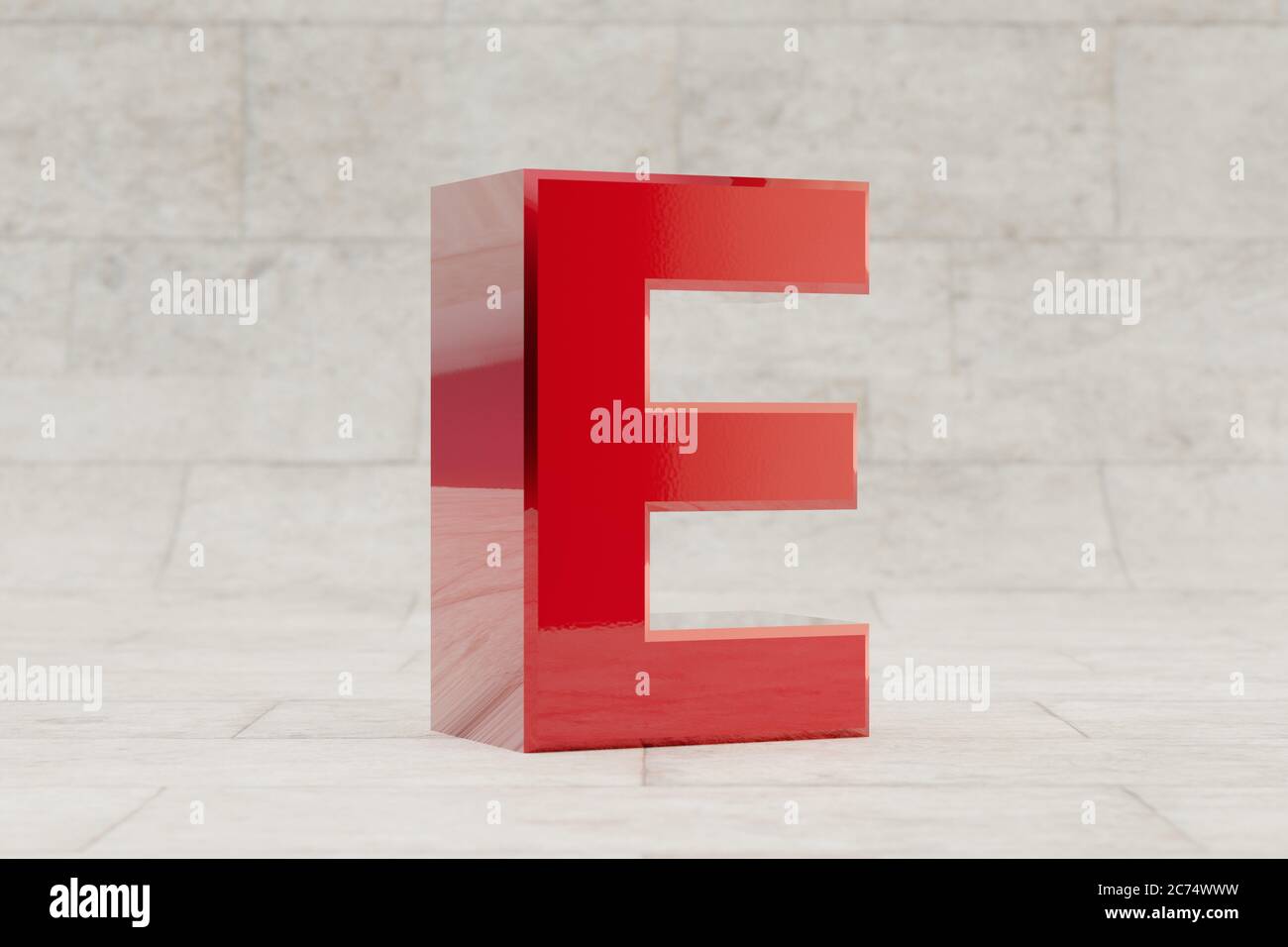 Red 3d letter E uppercase. Glossy red metallic letter on stone tile ...