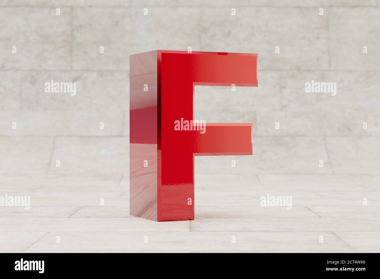 Red 3d letter F uppercase. Glossy red metallic letter on stone tile ...