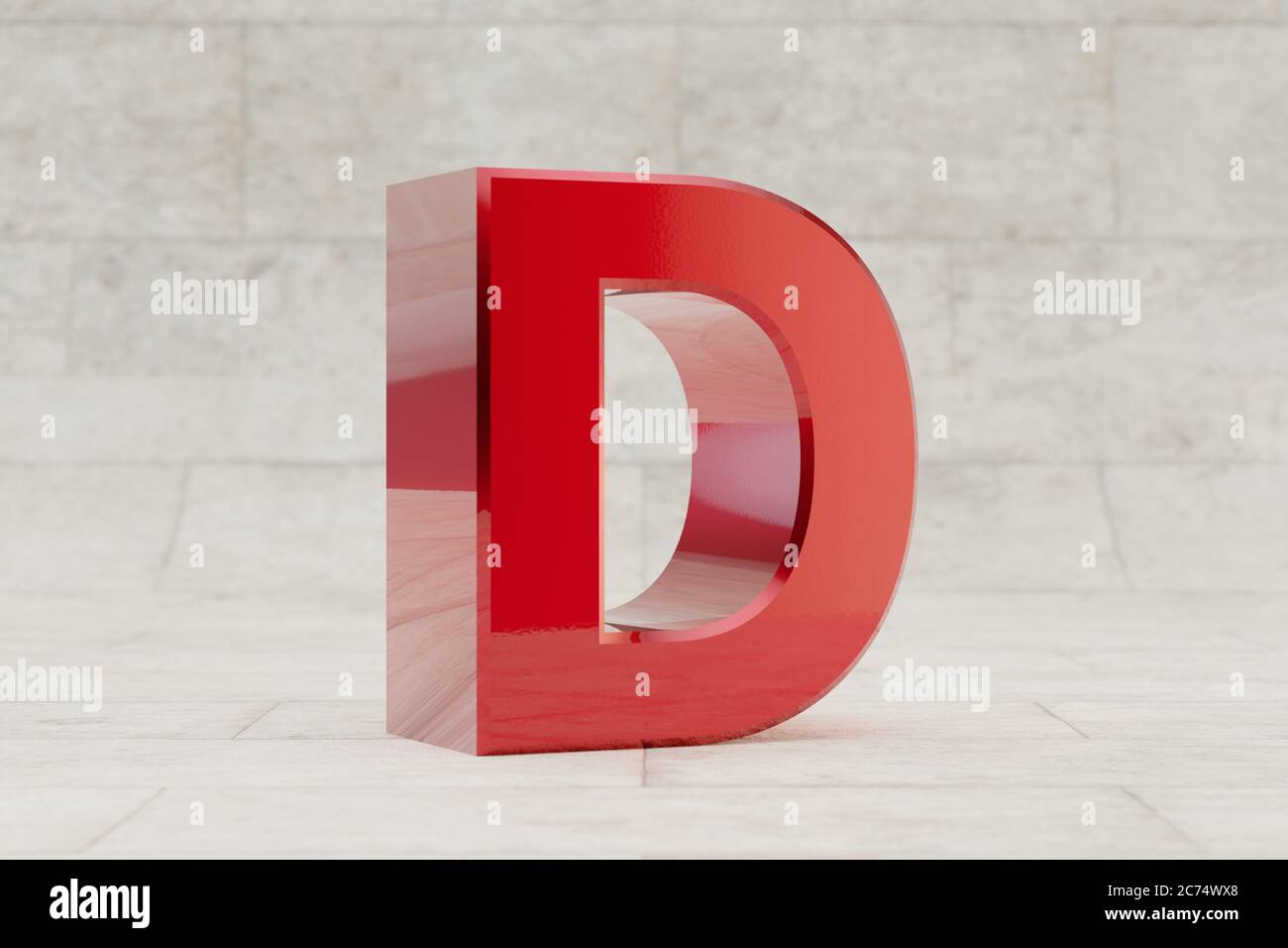 Red 3d letter D uppercase. Glossy red metallic letter on stone tile ...