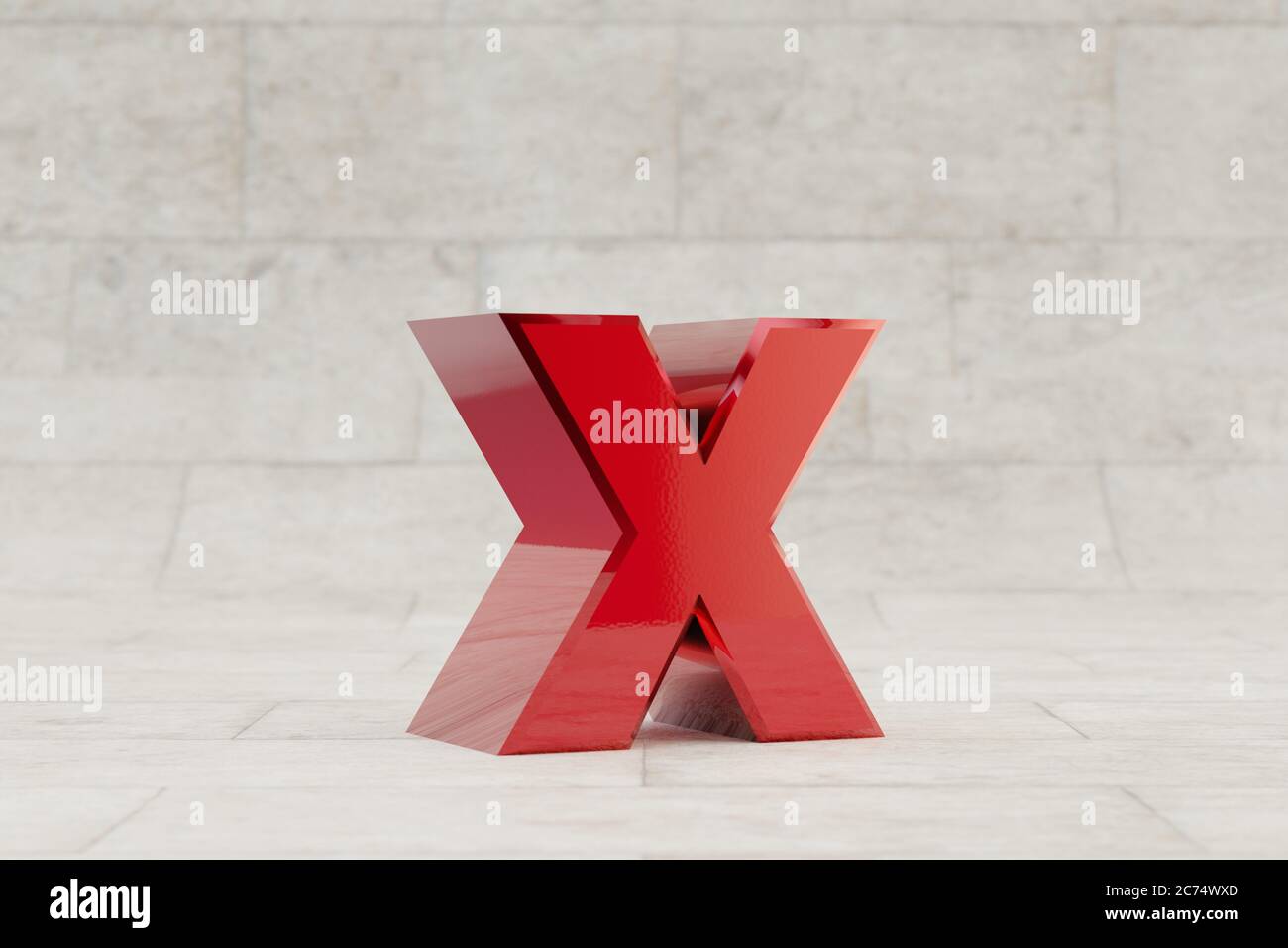 Red 3d letter X lowercase. Glossy red metallic letter on stone tile ...