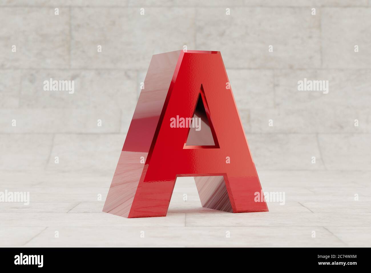 Red 3d letter A uppercase. Glossy red metallic letter on stone tile ...