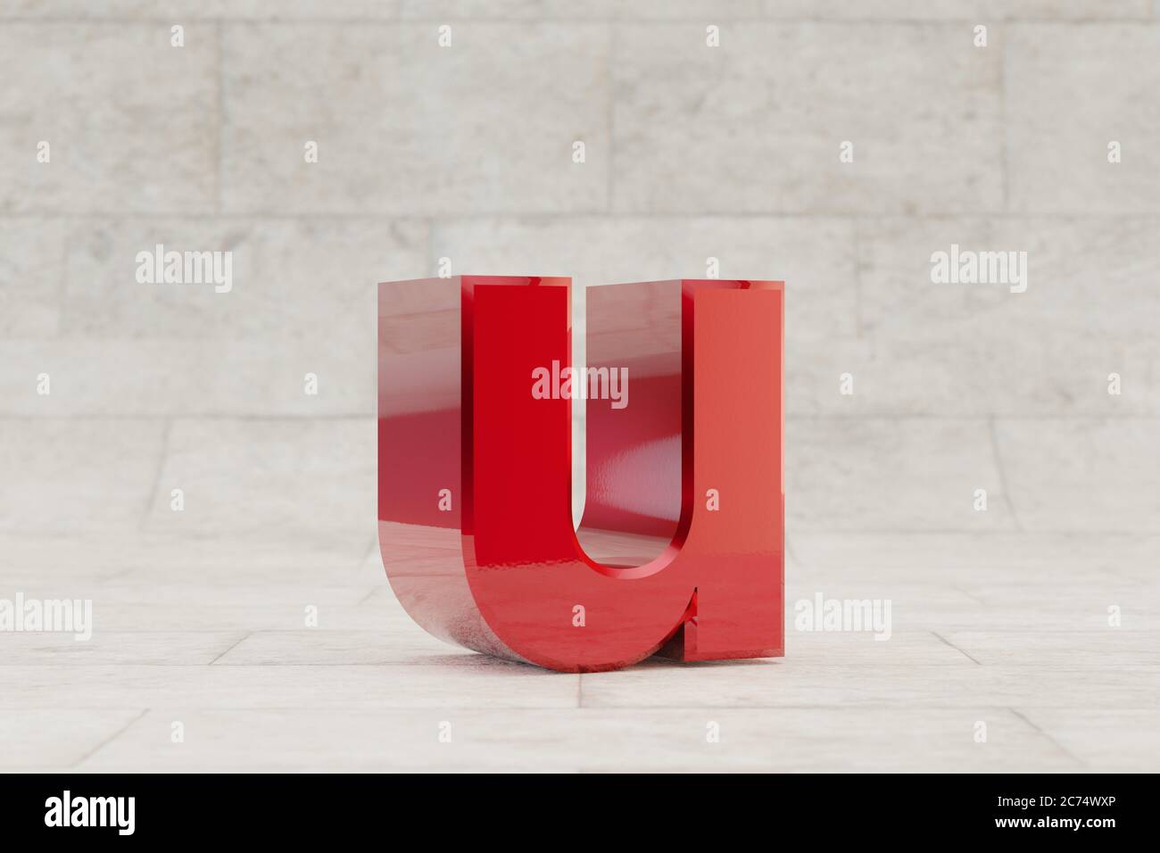 Red 3d letter U lowercase. Glossy red metallic letter on stone tile ...