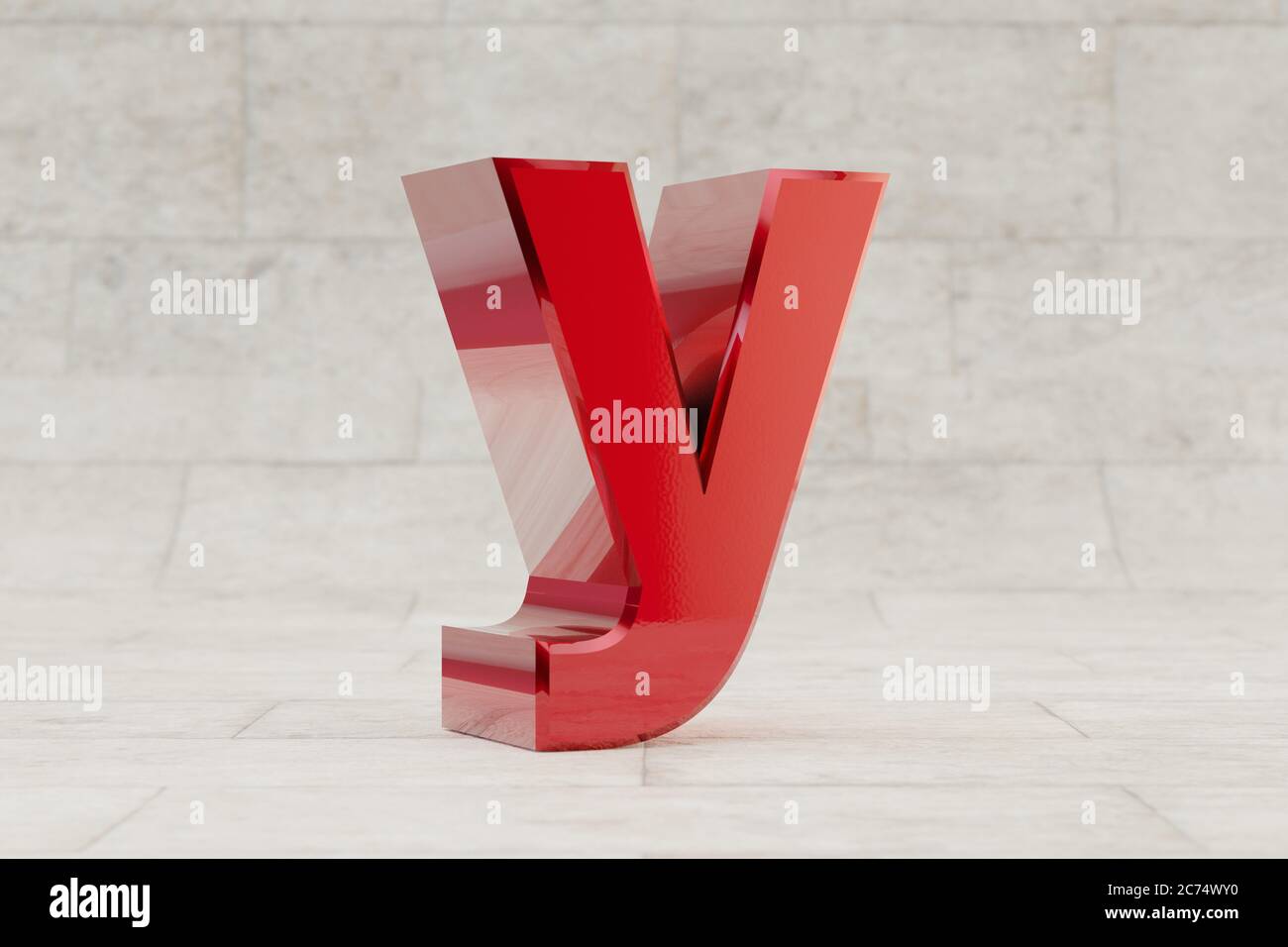 Red 3d letter Y lowercase. Glossy red metallic letter on stone tile ...