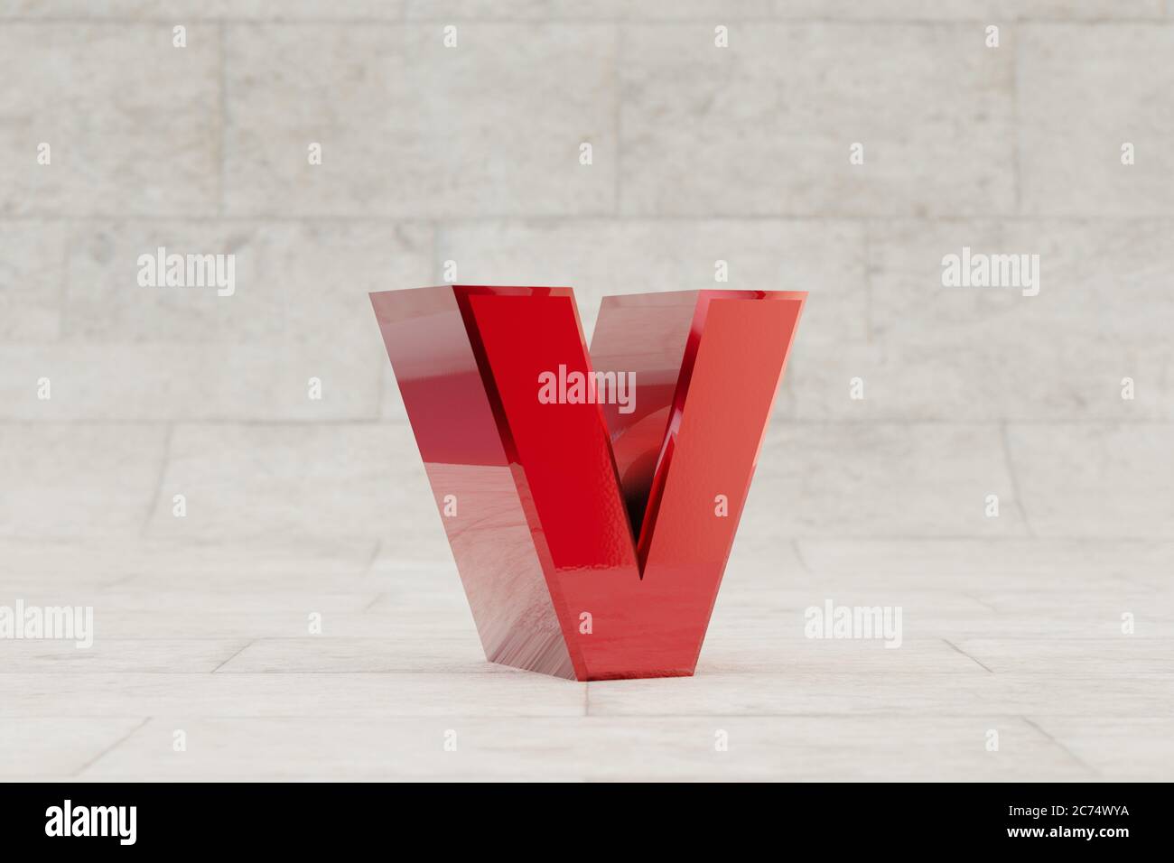 Red 3d letter V lowercase. Glossy red metallic letter on stone tile ...