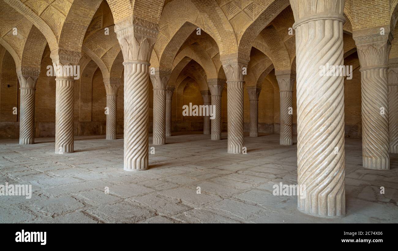 Shiraz, Iran - May 2019: The prayer hall of Vakil Mosque with columns ...